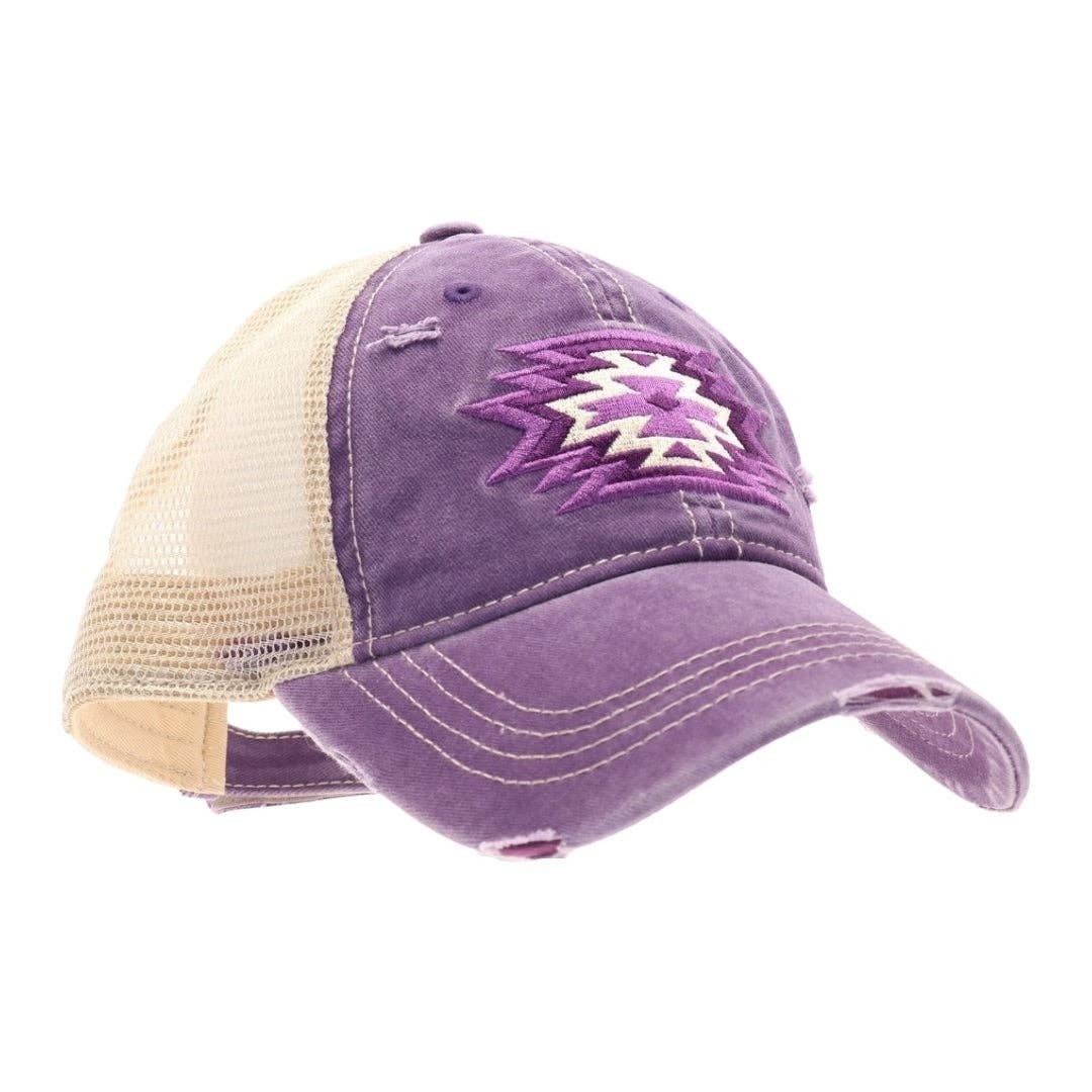 Aztec Embroidered Patch Mesh High Pony CC Ball Cap: Purple | Prestige ...
